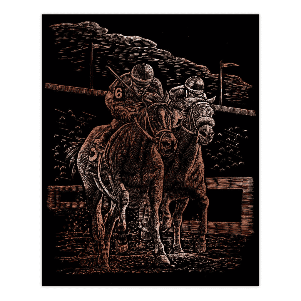 Peinture à gratter cuivre - Course de chevaux