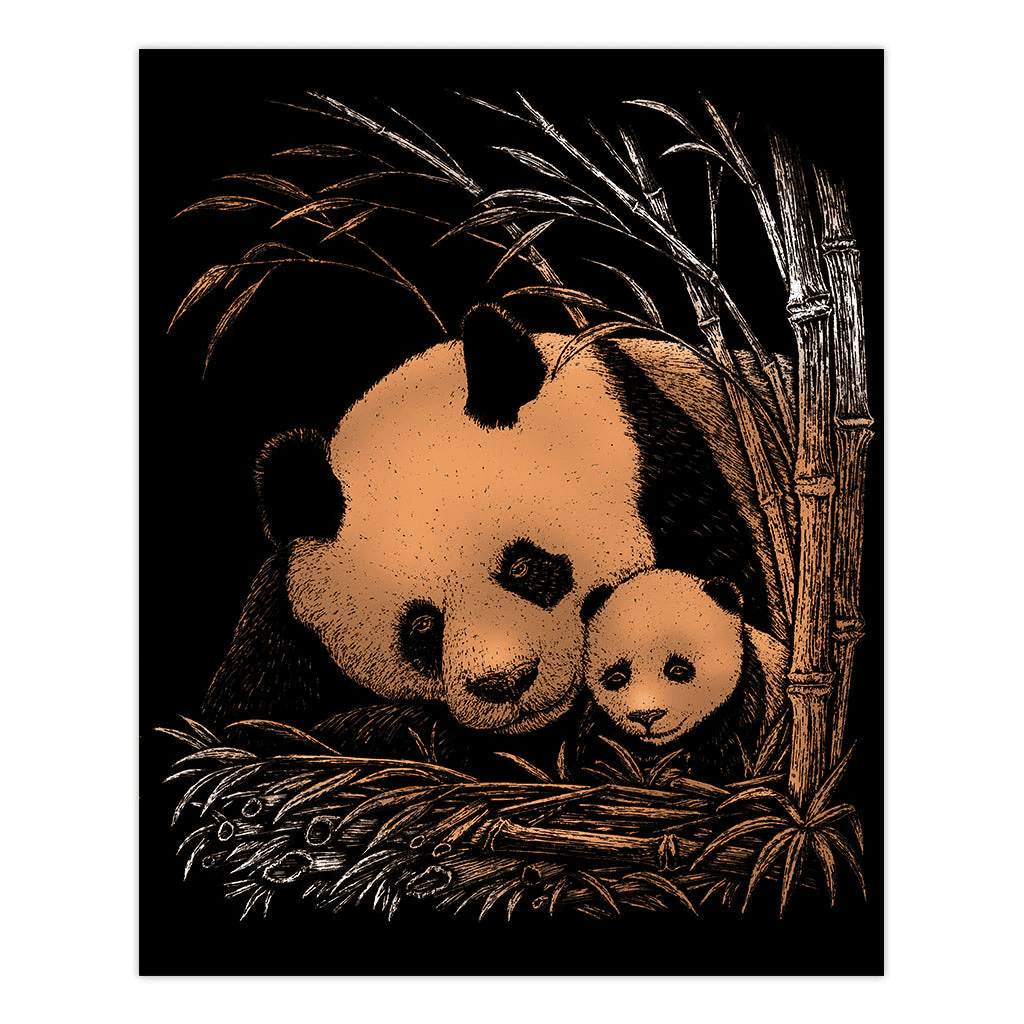 Peinture à gratter cuivre - Panda et son bébé