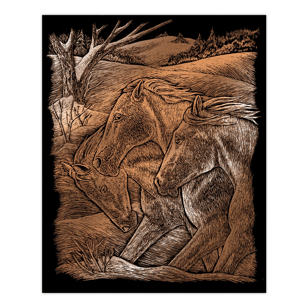 Peinture à gratter cuivre - Trio de chevaux