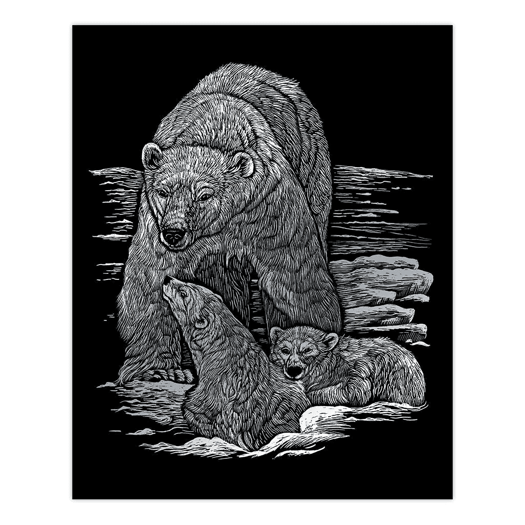 Peinture à gratter argent - Ours polaire & oursons