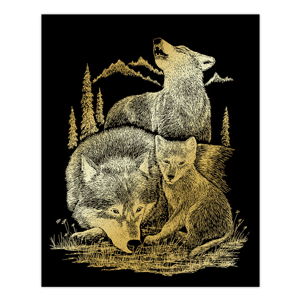 Peinture à gratter or – Loups