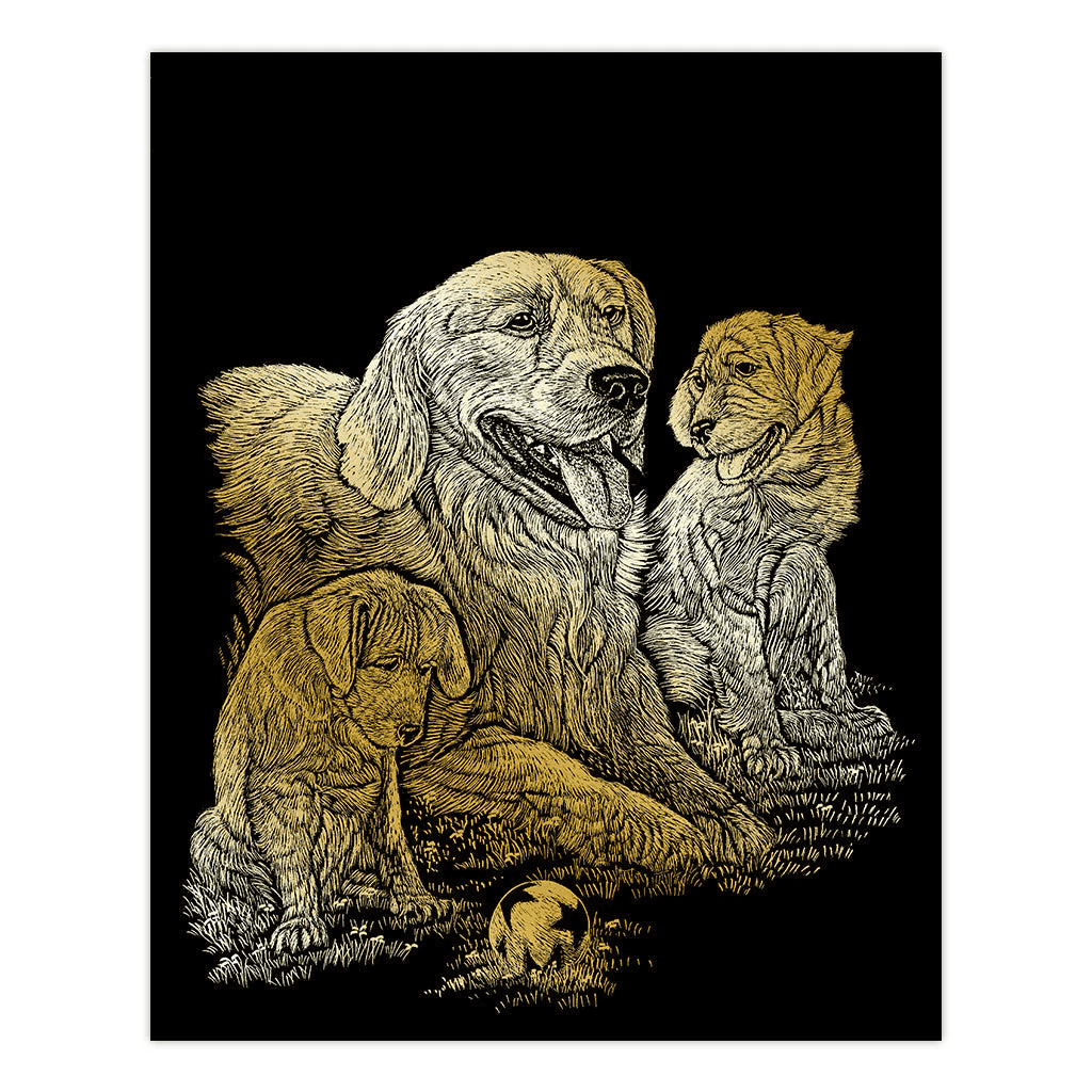 Peinture à gratter or – Retriever et chiots
