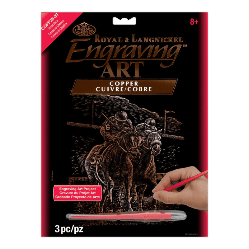 Peinture à gratter cuivre - Course de chevaux