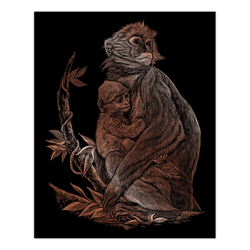 Peinture à gratter cuivre - Singe et son bébé