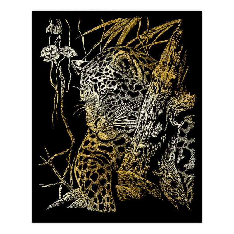 Peinture à gratter or – Léopard dans un arbre