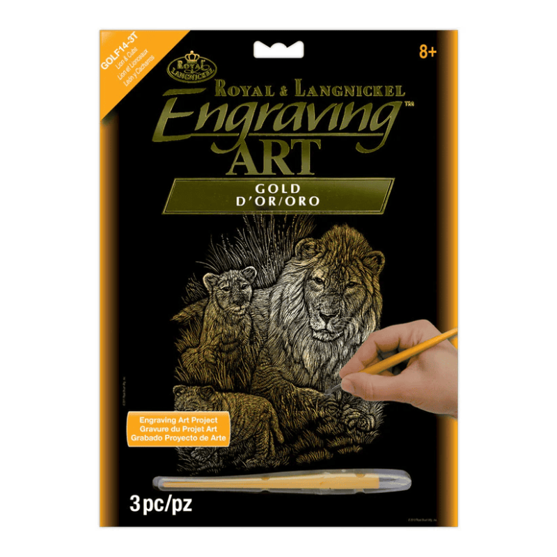 Peinture à gratter or – Lion et lionceaux