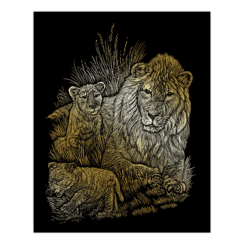 Peinture à gratter or – Lion et lionceaux