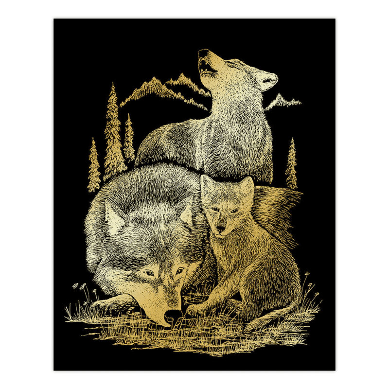 Peinture à gratter or – Loups
